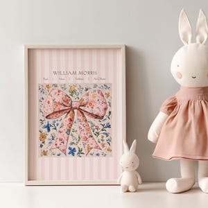 Cute Bow Print With Flowers, English Floral Poster, Pastel Pink Striped ...