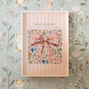 Cute Bow Print With Flowers, English Floral Poster, Pastel Pink Striped ...