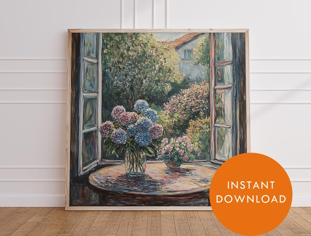 Hydrangeas Window View Print: Abstract Impressionist Floral (digital ...
