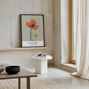 Minimalist Poppy Flower Poster, Sage Green & Red Mid-century Wall Art ...