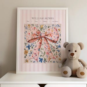 Cute Bow Print With Flowers, English Floral Poster, Pastel Pink Striped ...