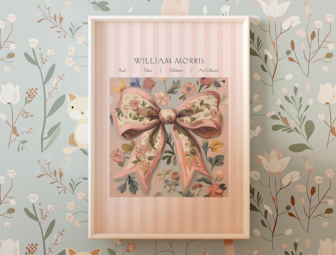Pink Bow and Striped Poster, Morris Flower Print, Pastel Cottagecore ...