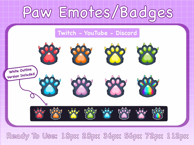 Pastel Rainbow Black Cat Wolf Bear Paw Emotes / Badges for Twitch ...