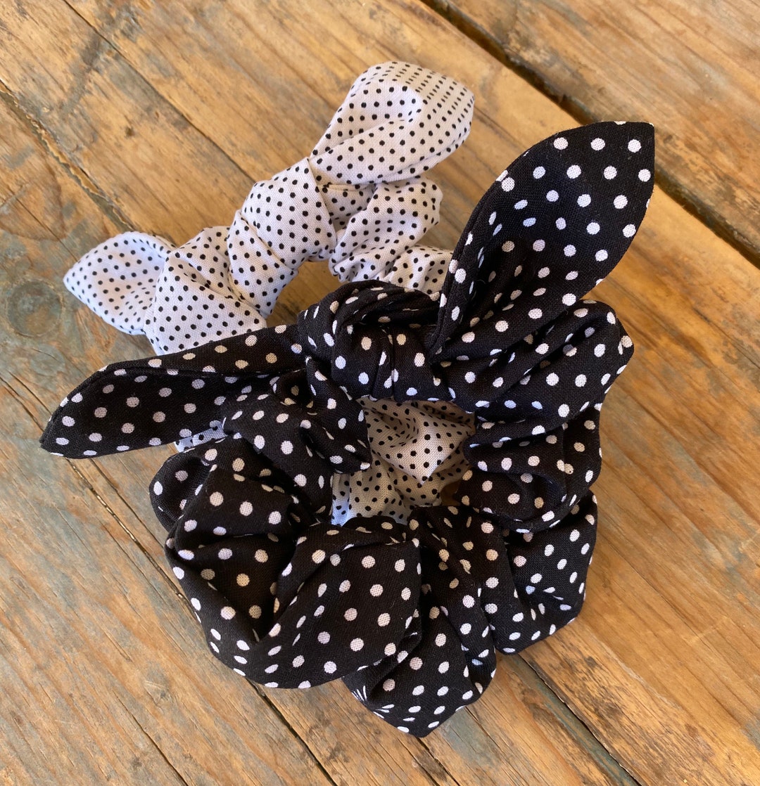 Vintage Black and White Polka Dot Scrunchies SET, Tied Scrunchie Set, Hair Tie, Women's Hair ...