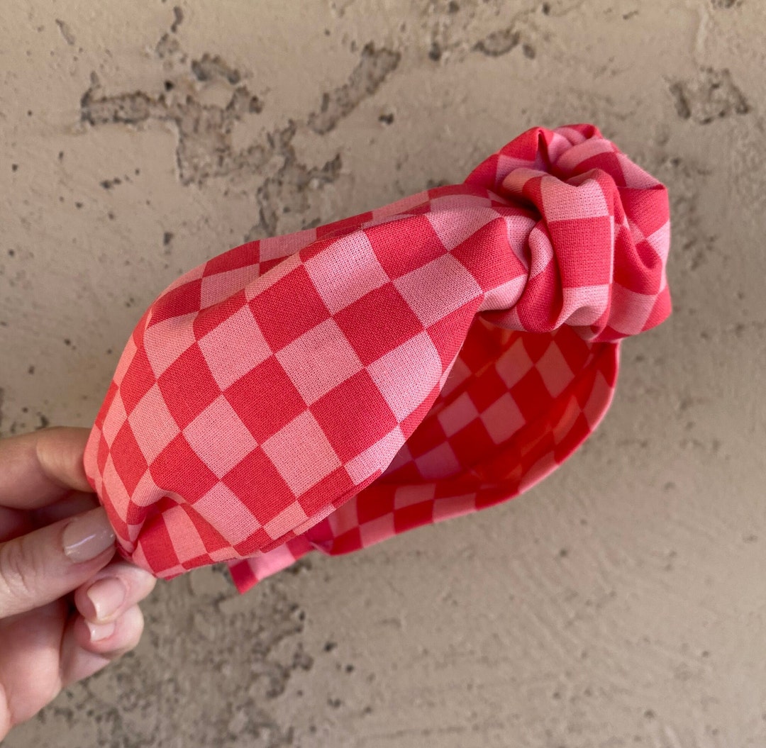 Handmade Coral Checkerboard Top Knot Headband: Women's Cotton Accessory ...