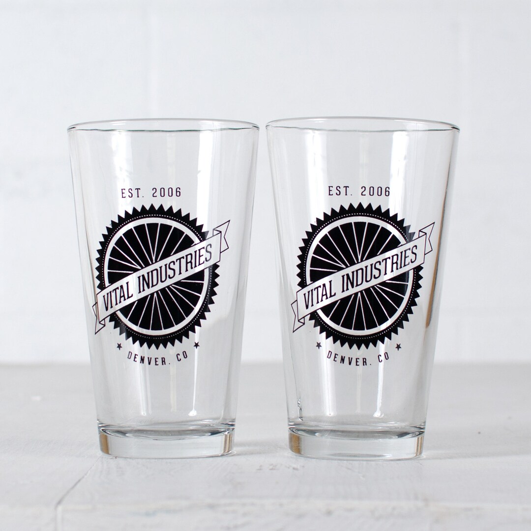 CUSTOMIZED PINT GLASSES - "spokes" Design Screen Printed 16oz. Drinking ...