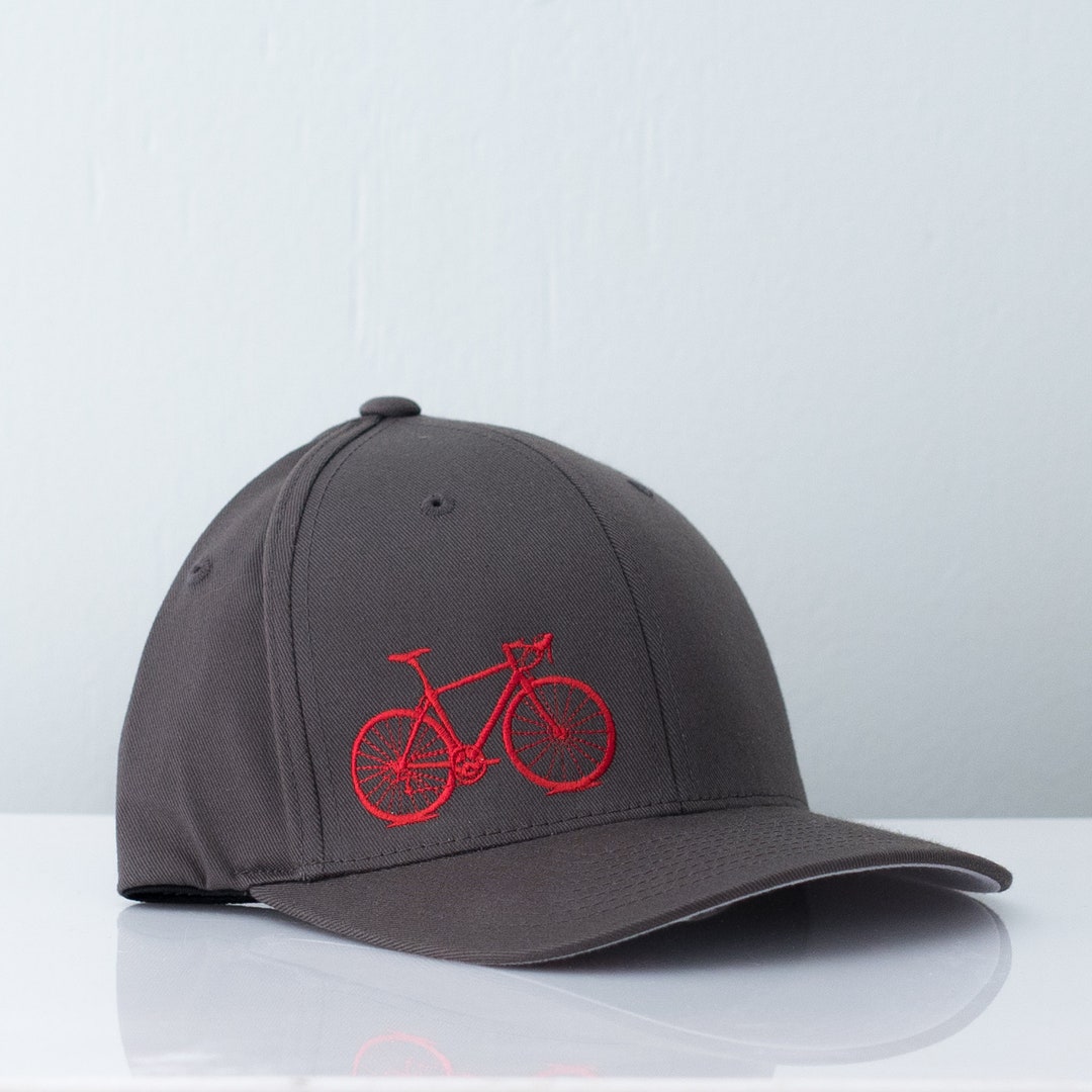 Bicycle Embroidered Flexfit Fitted Hat - Electric Red Bike on Charcoal ...