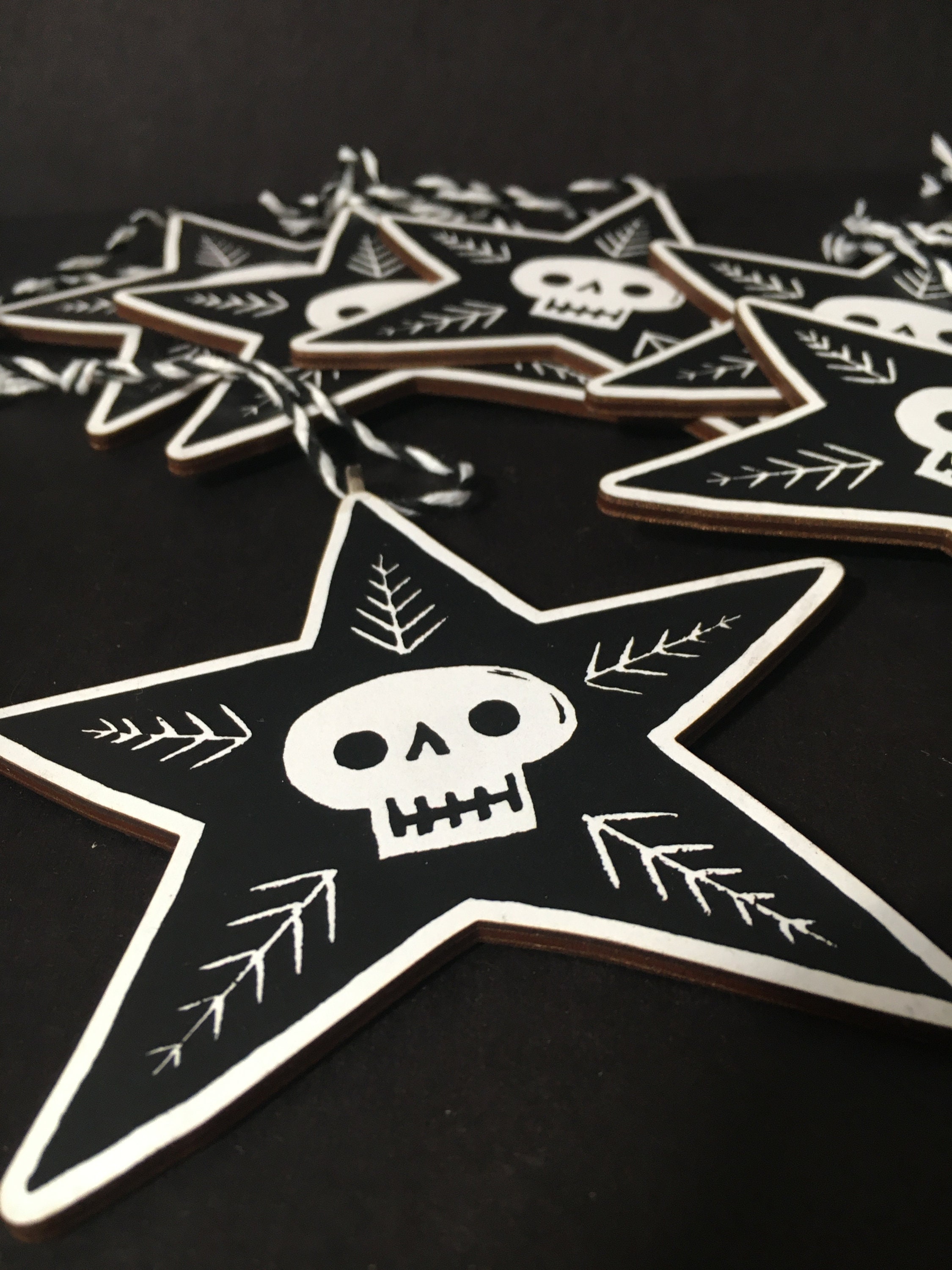 Skull Star Unusual Gothic Woodcut Style Ornament Hanging Wooden Spooky ...