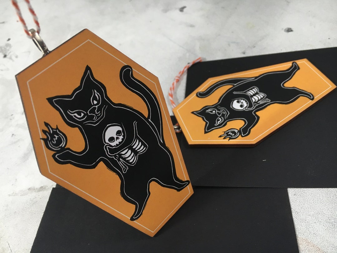 Coffin Cat Decoration - Bakeneko Demon Black Cat Gothic Linocut Style ...