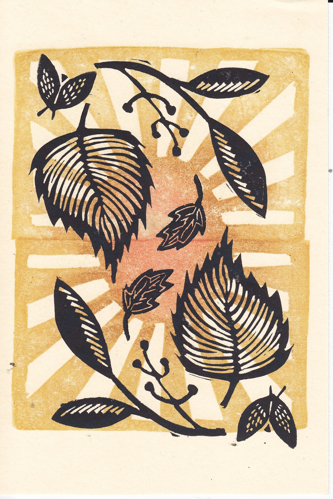 Falling Amber Leaves and Moths Original One of a Kind Linocut on Paper ...