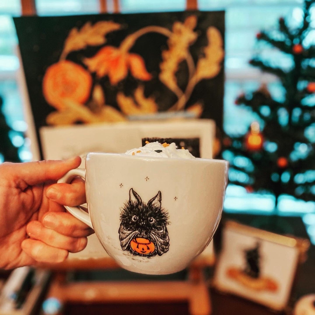 Porcelain Tea Cup Chester the Bat With Pumpkin - Etsy
