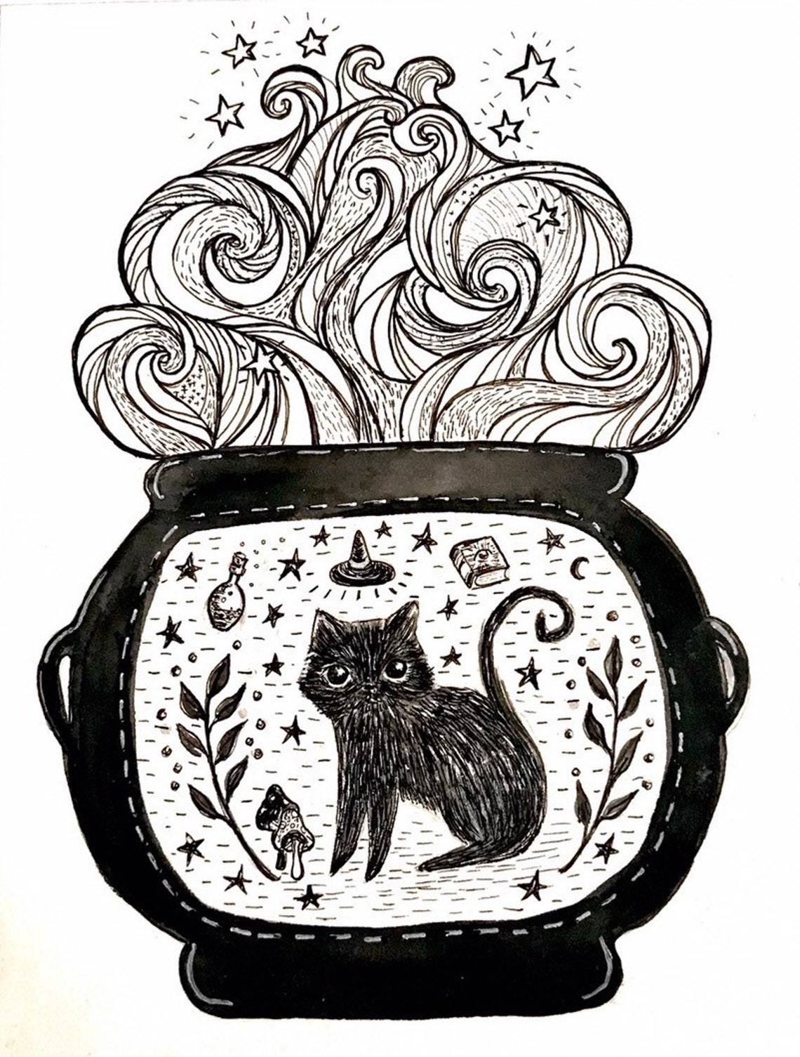 Print of Ink Drawing of Black Cat With Cauldron - Etsy