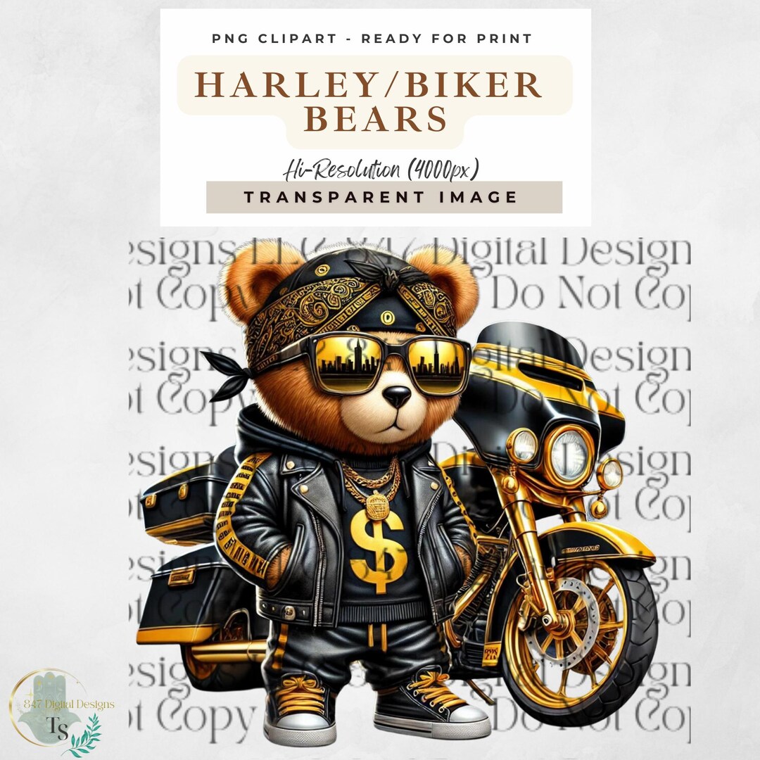 Black and Gold Harley Bear | Biker Bear | Motorcycle Rider PNG | Biker ...