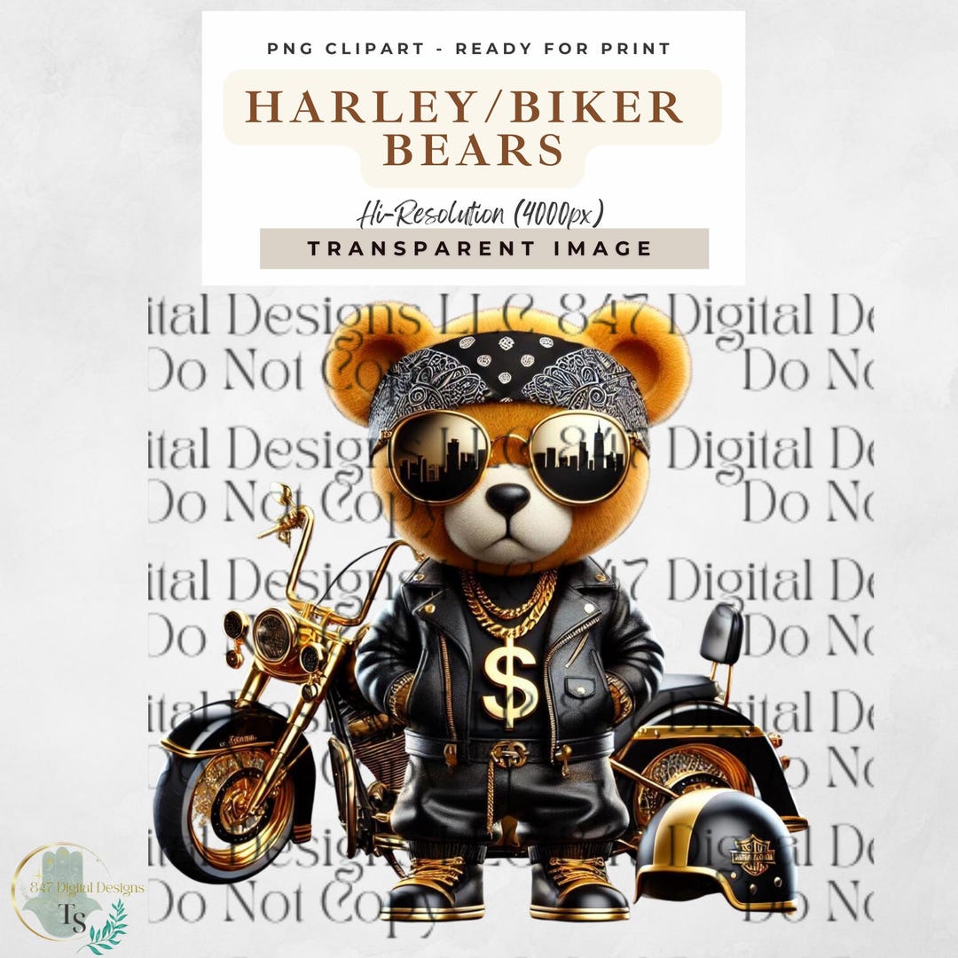 Black and Gold Harley Bear | Biker Bear | Motorcycle Rider PNG | Biker ...