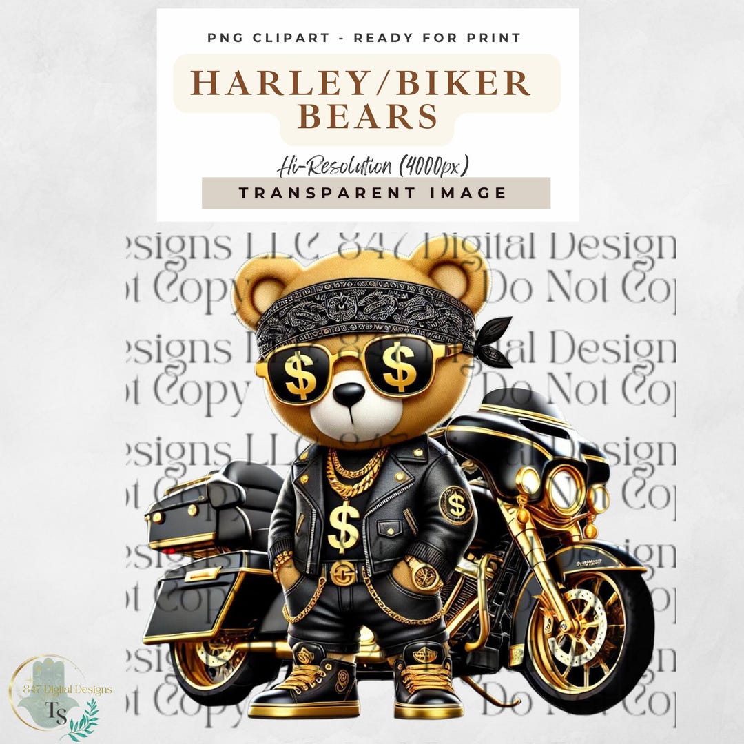 Black and Gold Harley Bear | Biker Bear | Motorcycle Rider PNG | Biker ...