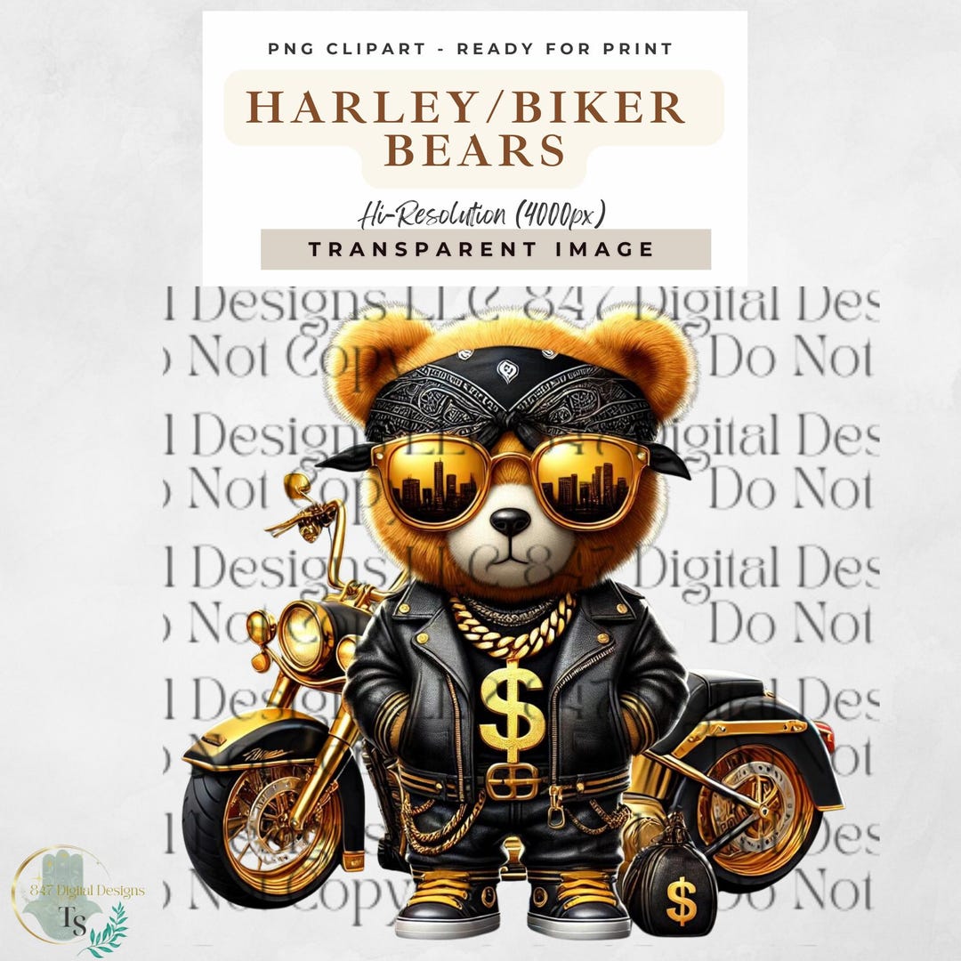Black and Gold Harley Bear | Biker Bear | Motorcycle Rider PNG | Biker ...