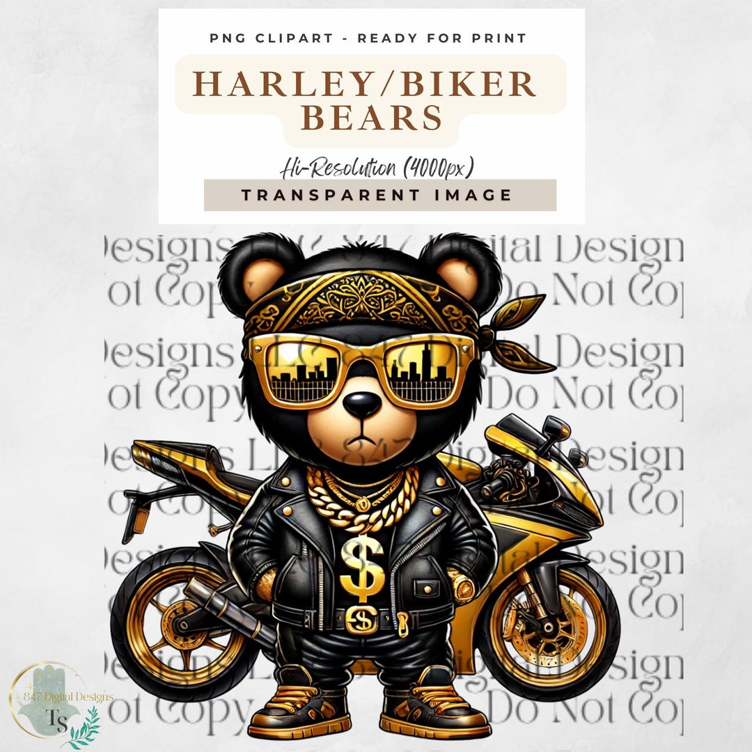 Black and Gold Harley Bear | Biker Bear | Motorcycle Rider PNG | Biker ...