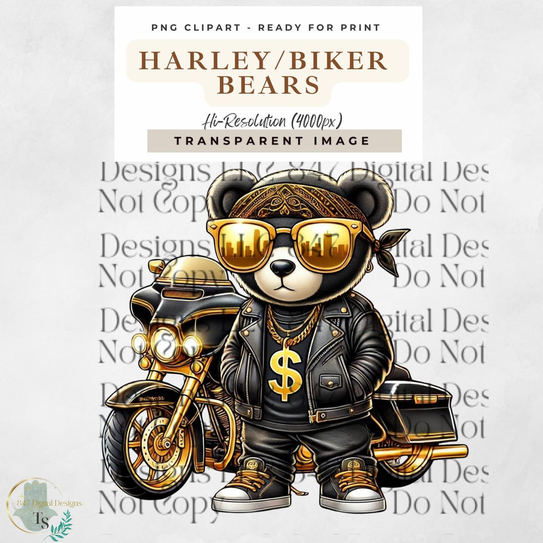Black and Gold Harley Bear | Biker Bear | Motorcycle Rider PNG | Biker ...
