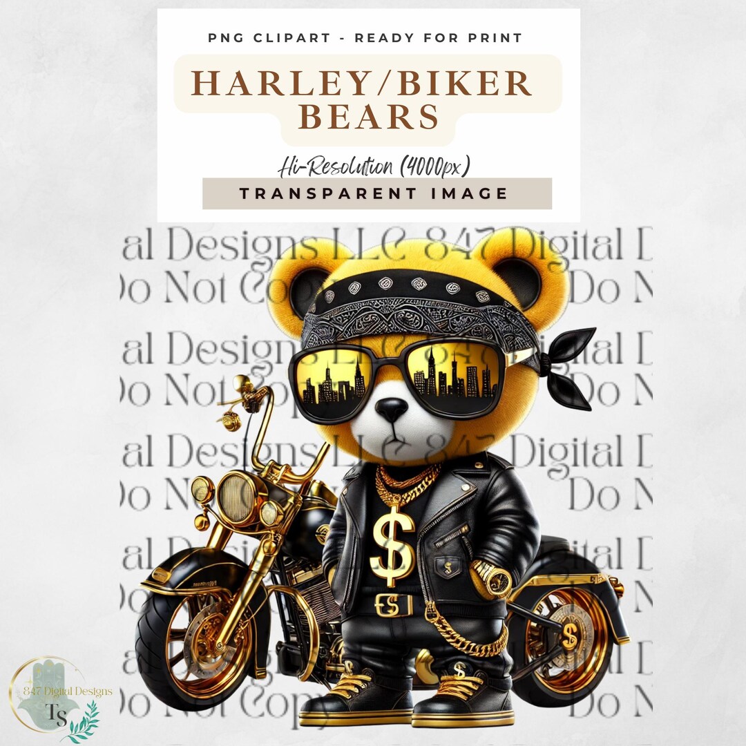 Black and Gold Harley Bear | Biker Bear | Motorcycle Rider PNG | Biker ...