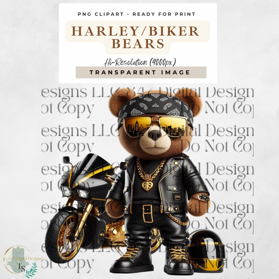 Black and Gold Harley Bear | Biker Bear | Motorcycle Rider PNG | Biker ...