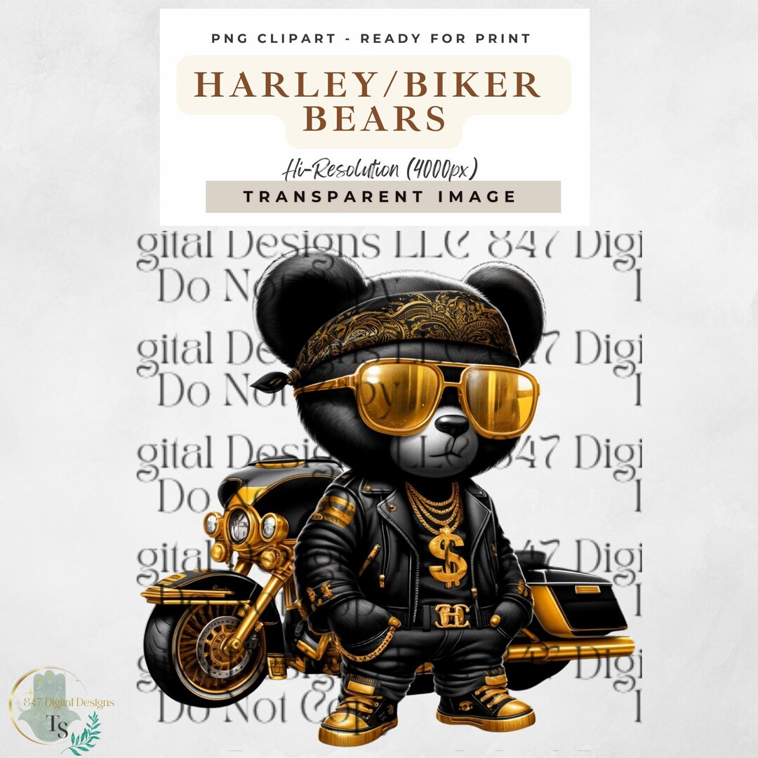 Black and Gold Harley Bear | Biker Bear | Motorcycle Rider PNG | Biker ...