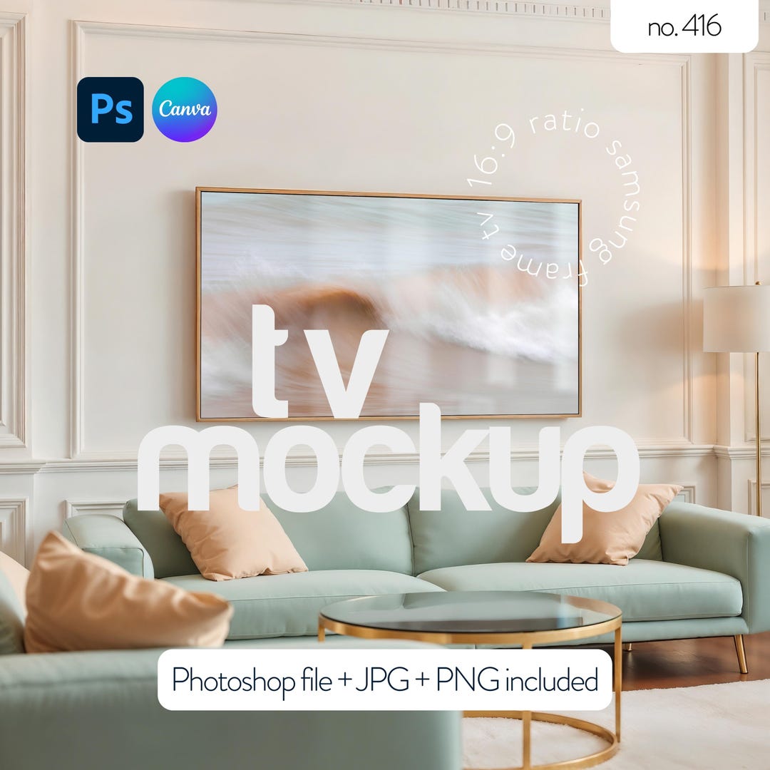 Samsung TV Mockup Rame 16x9 Ratio, Wooden Frame TV Mockup for Canva and ...