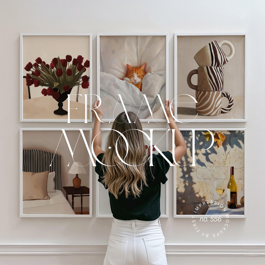 6 Frame Gallery Wall Mockup With Person: White Frames, Canva ...