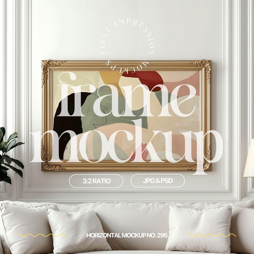 Horizontal Gold Frame Mockup, 3x2 Frame Mock up for Artwork Display ...