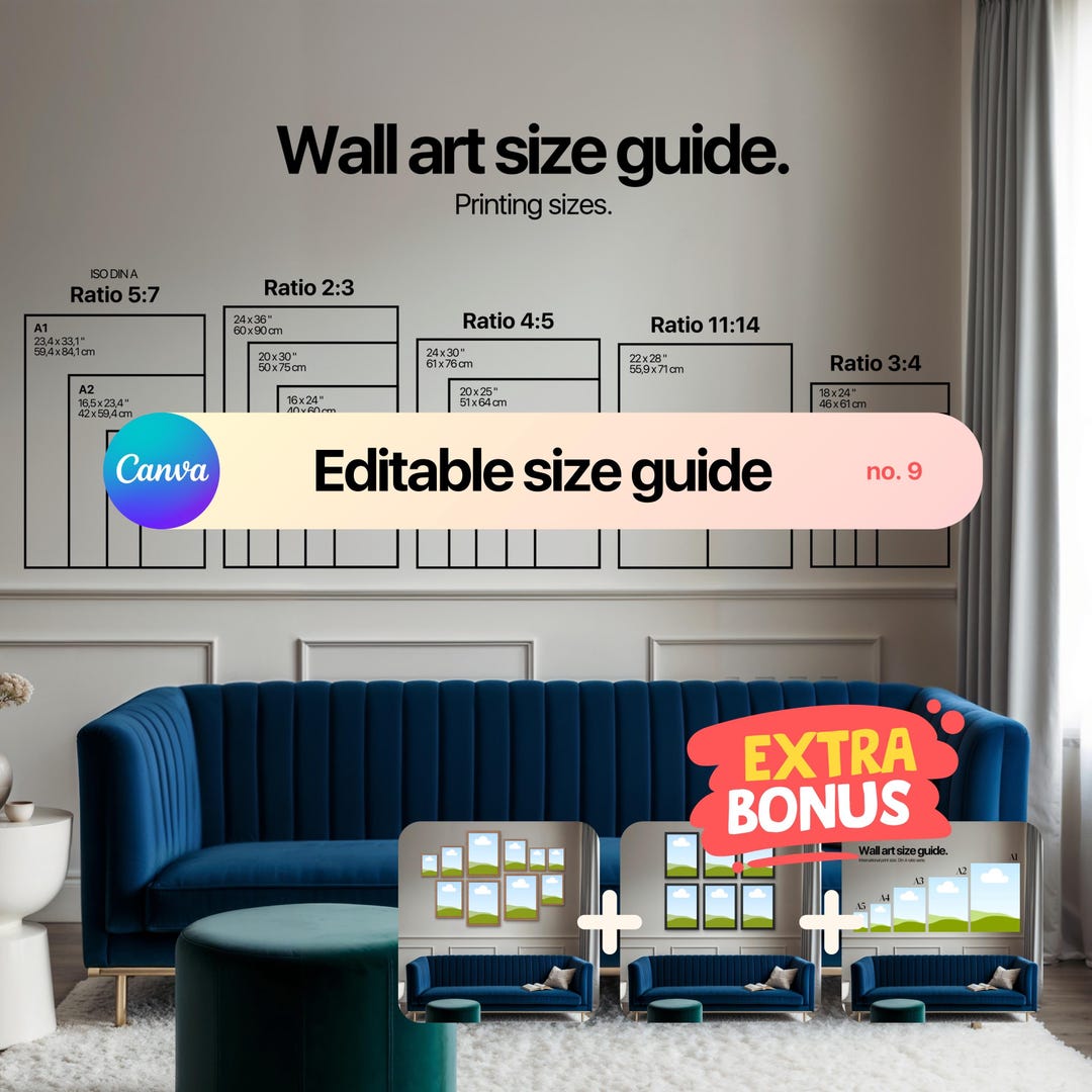 Wall Art Size Guide Including Gallery Wall Mockups for Canva, Frame ...