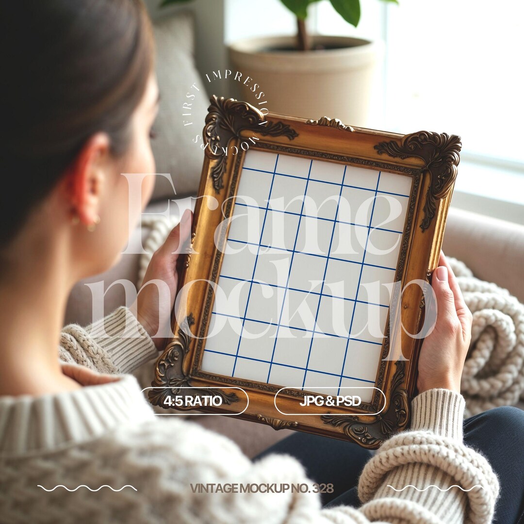 Small Gold Frame Mockup, Vintage Frame Mockup 4x5 Ratio, Person Holding ...