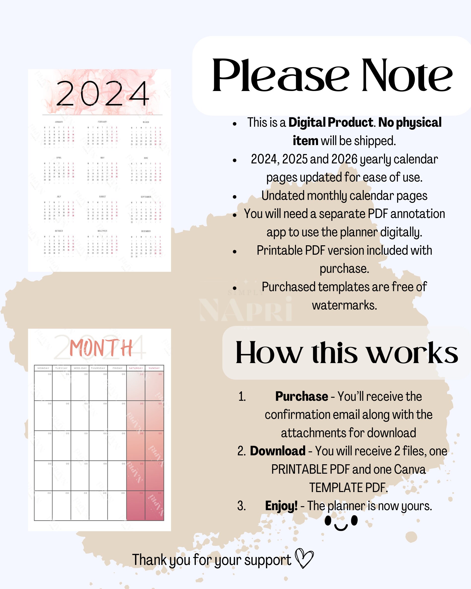 Digital Calendar Planner Printable Planner, Monthly Planner, Simple ...