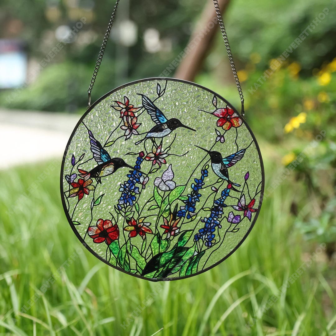 Hummingbird Stained Glass Window Hanging,100% Hand Painting Glass Bird ...