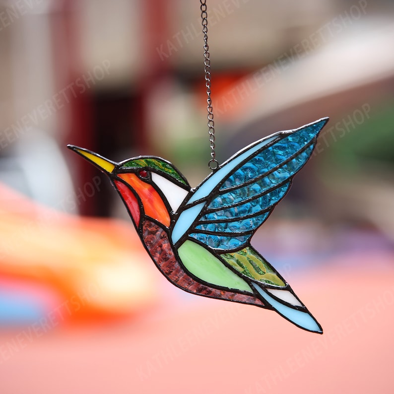 Handmade Stained Glass Hummingbird Suncatcher, Vibrant Window Art Decor ...