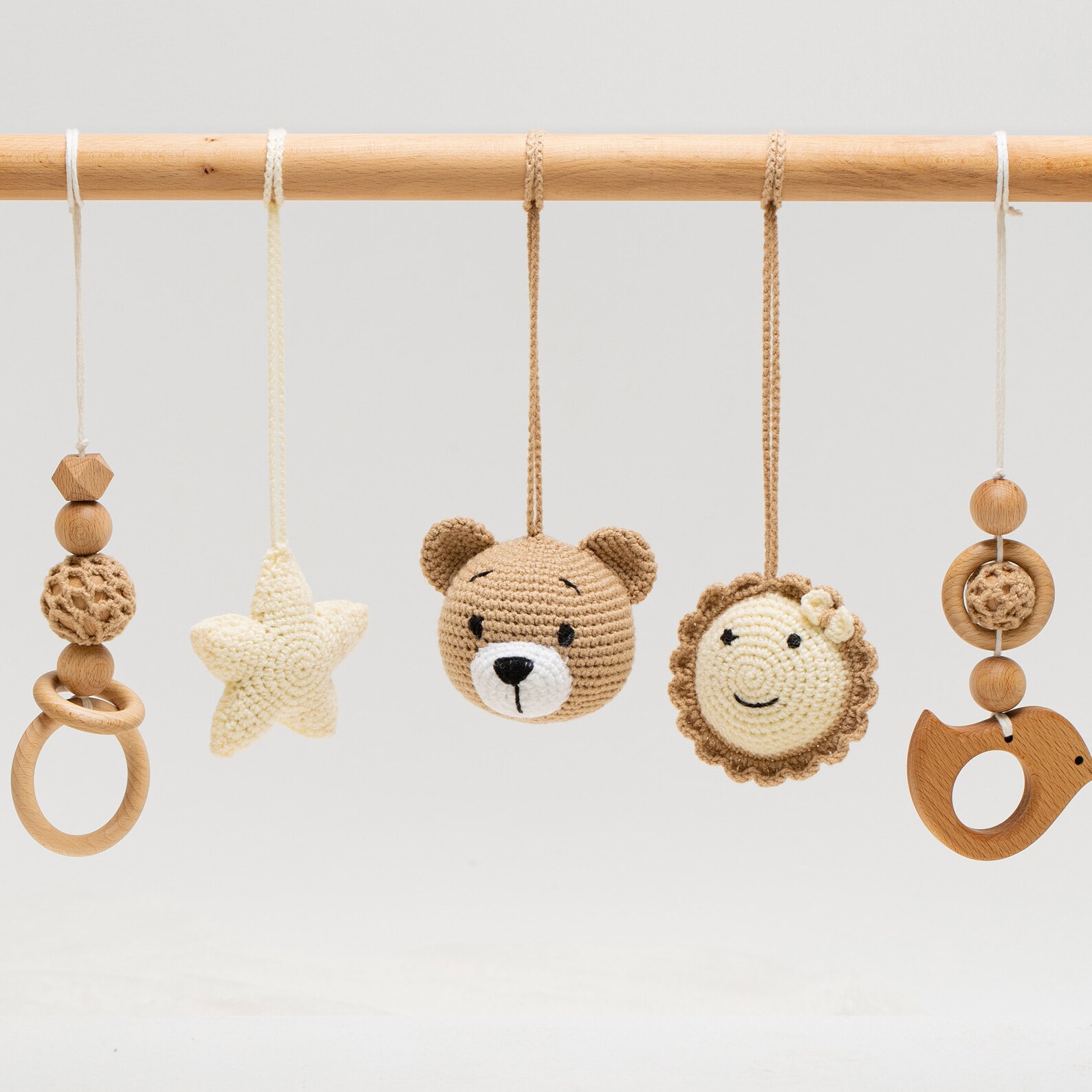 Baby Play Gym Activity Set, Handcrafted Wooden Toys With Crocheted ...
