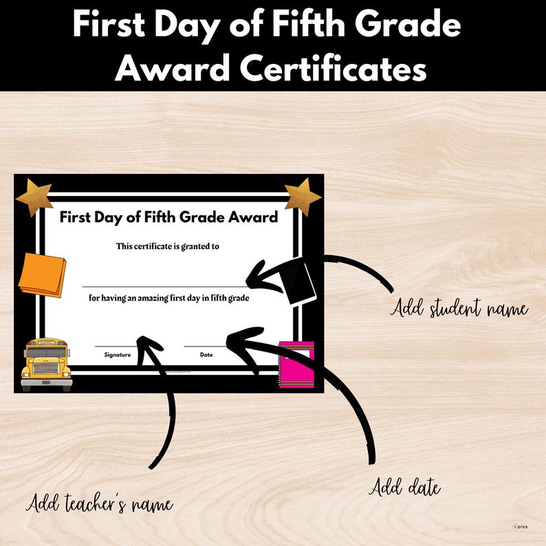 Editable First Day of Fifth Grade Award Certificate Back to School ...