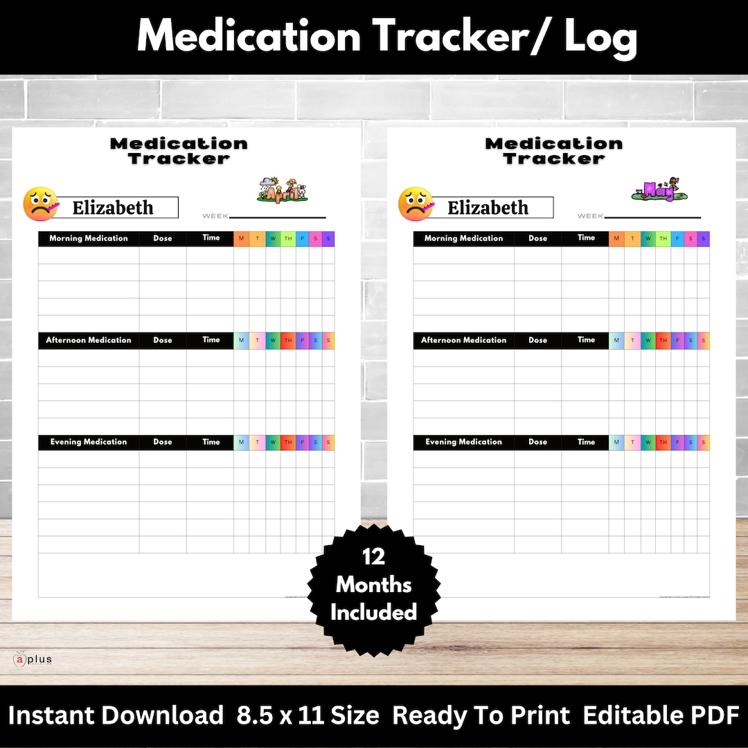 Medication Tracker Log Chart List Planner Kids Cute Printable Template ...