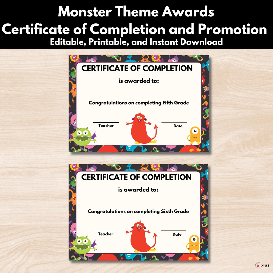 End of Year Monster Themed Certificate of Completion and Promotion ...