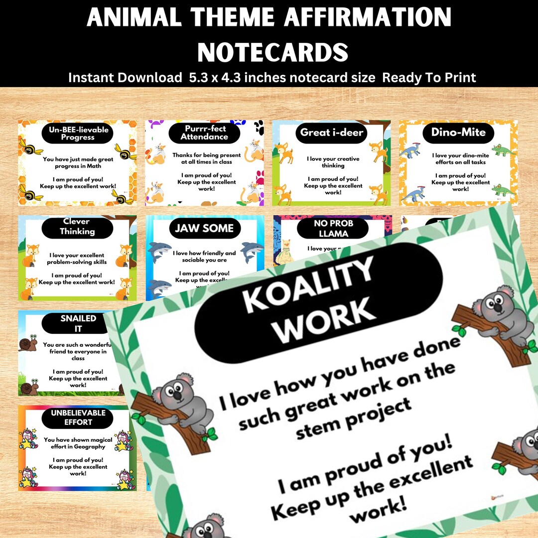 Cute Animal Theme Editable Student Affirmation Note Cards for ...