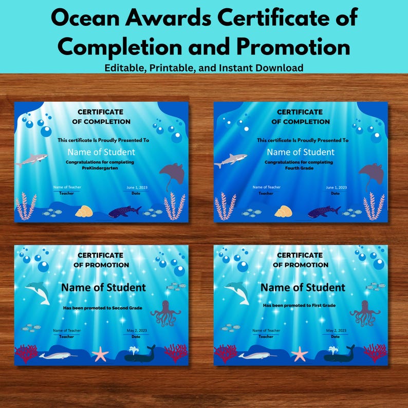 Certificate of Completion and Promotion Ocean Themed End of Year ...