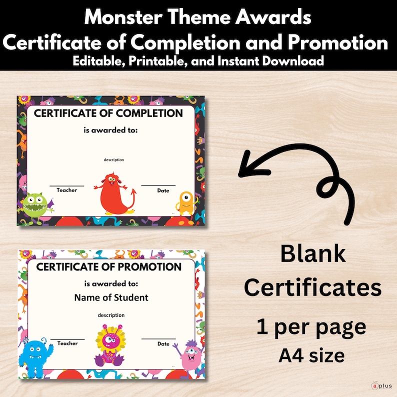 End of Year Monster Themed Certificate of Completion and Promotion ...