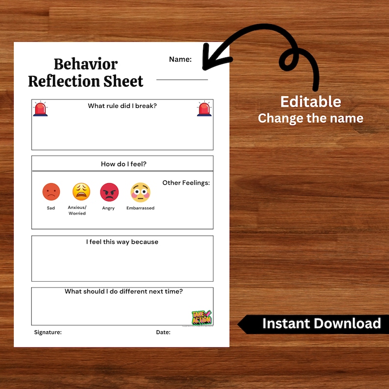 Behavior Reflection Sheet - Etsy