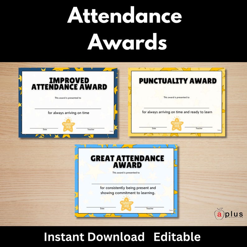 Editable Attendance Award Certificates Printable Student Recognition ...