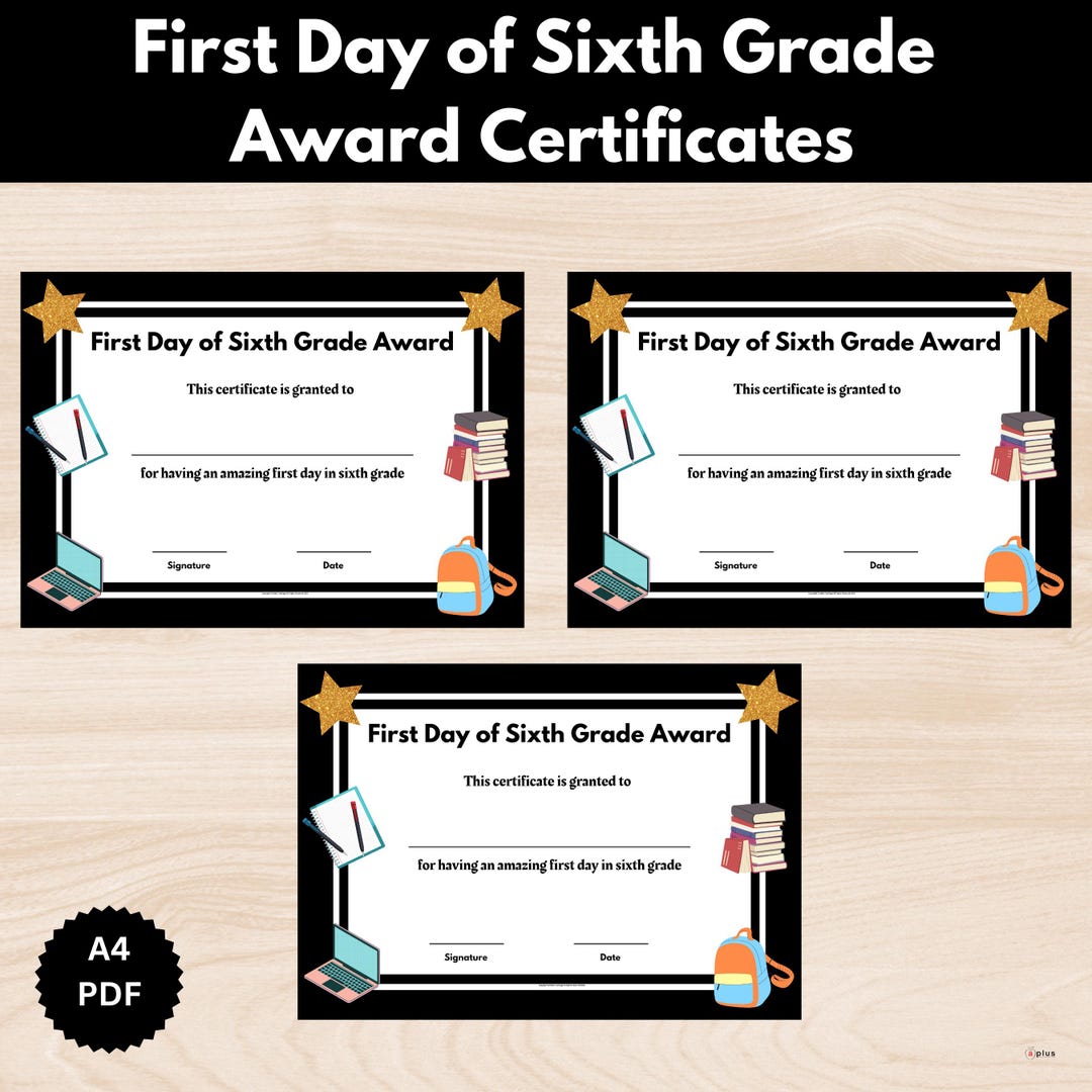 Editable 6th Grade First Day of School Award Certificate Printable Back ...