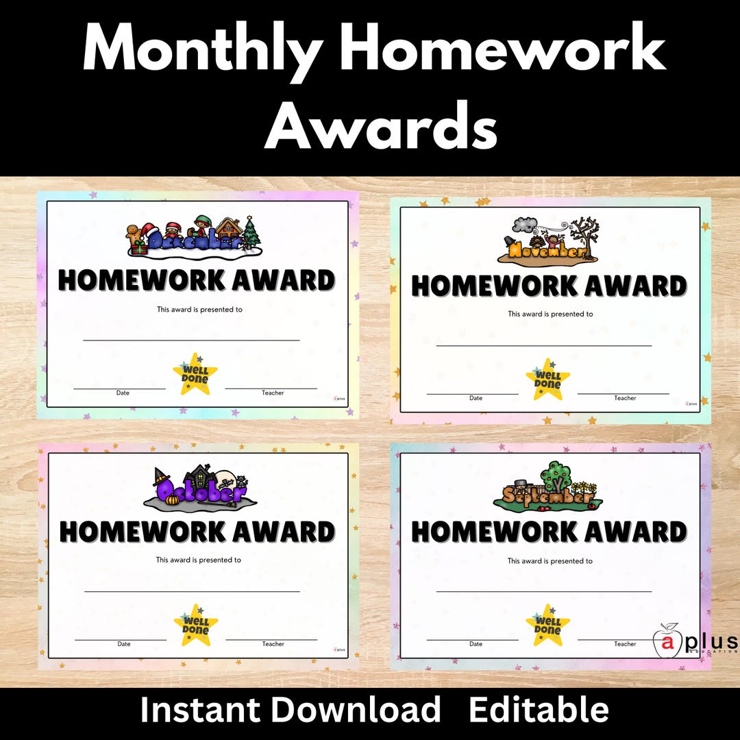 Editable Monthly Homework Awards | Printable Teacher Recognition - Etsy