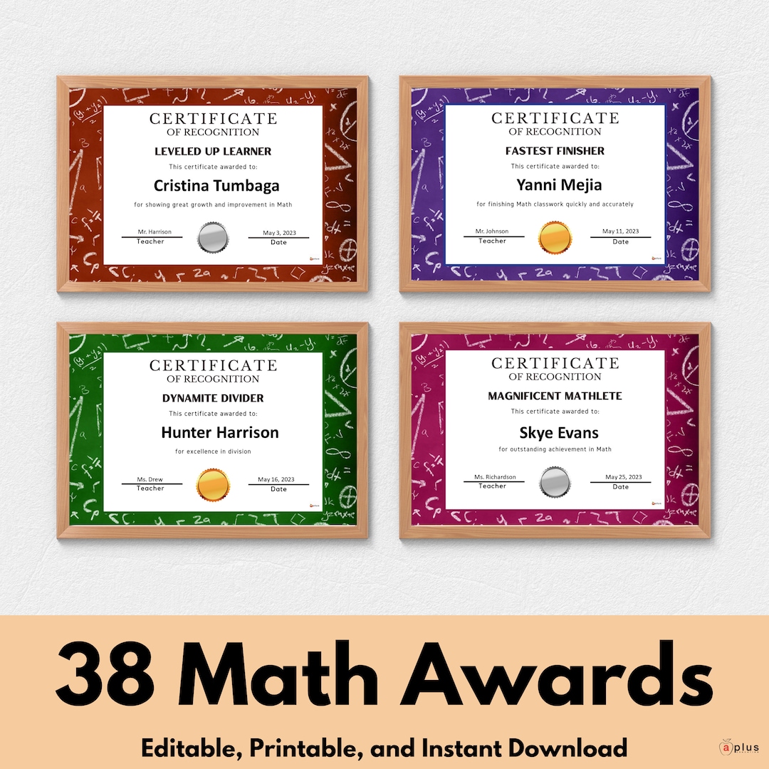 Editable Math Achievement Certificates Printable Awards for Classroom ...