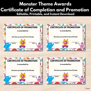 End of Year Monster Themed Certificate of Completion and Promotion ...