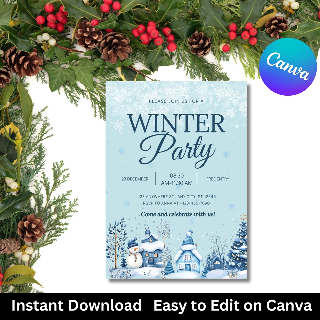 Christmas Party Invitation Template Blue Silver Christmas Party Invite ...