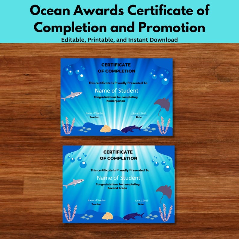 Certificate of Completion and Promotion Ocean Themed End of Year ...