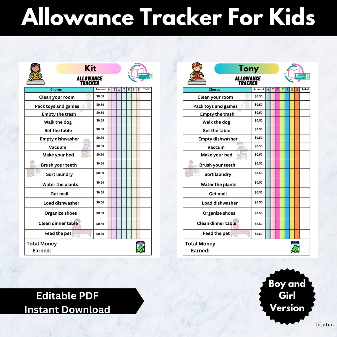 Chore Chart for Kids | Kids Allowance Tracker | Editable PDF Chore ...