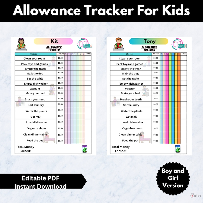 Chore Chart for Kids | Kids Allowance Tracker | Editable PDF Chore ...